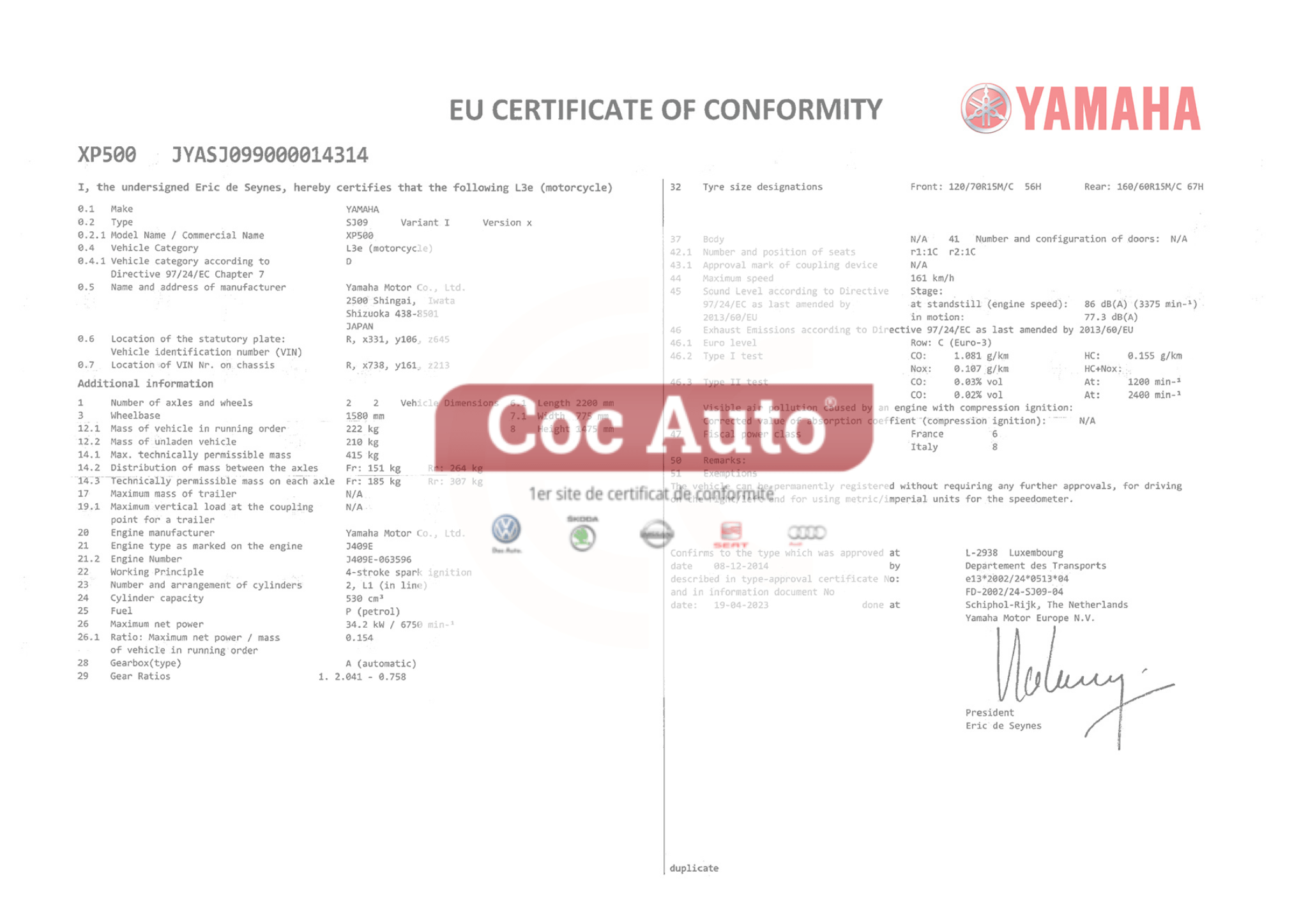Le certificat de conformité Yamaha - Cocauto